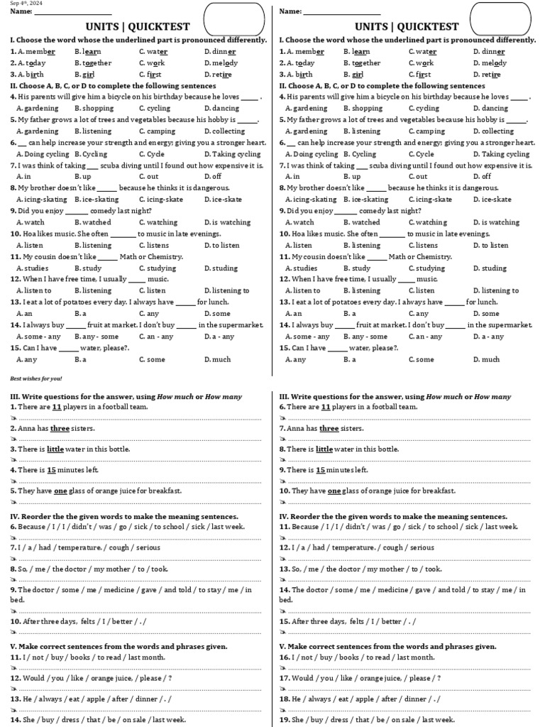 REVIEW UNITS 1+5 | PDF