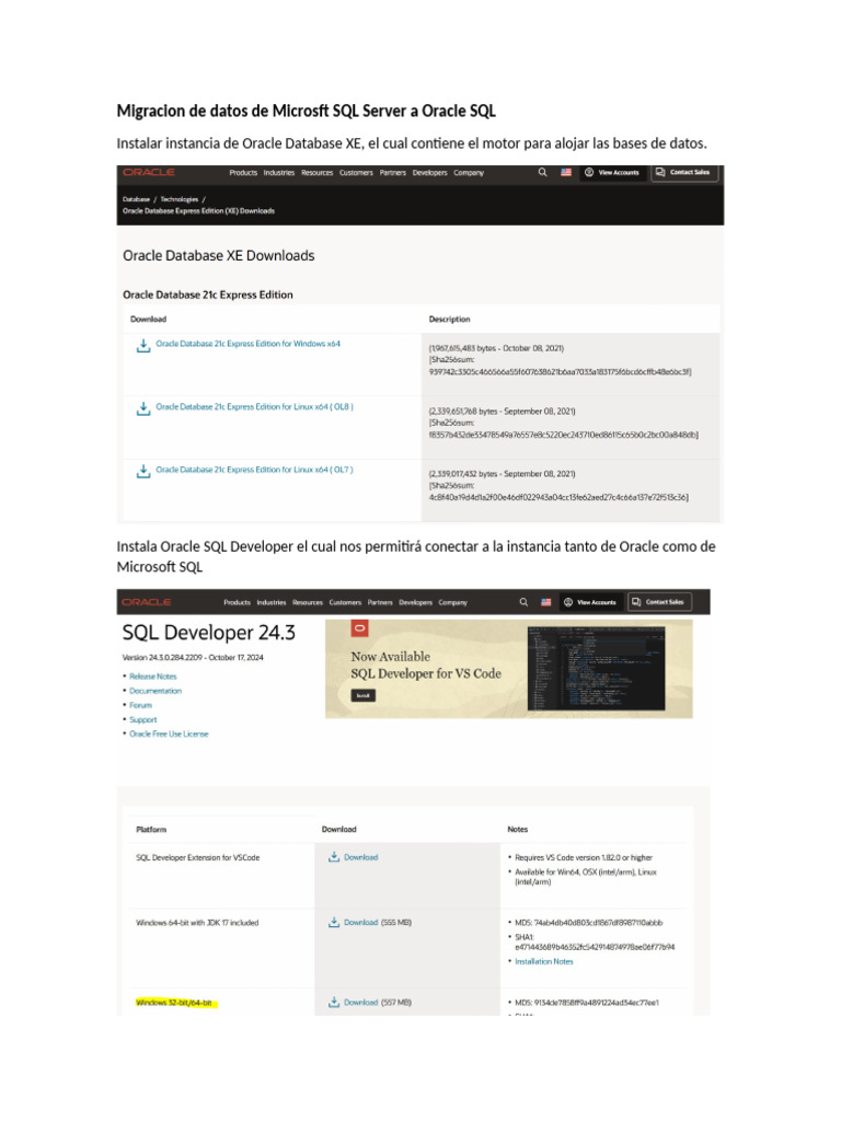 Migracion de Datos de Microsft SQL Server A Oracle SQL | PDF | Servidor SQL de Microsoft | SQL