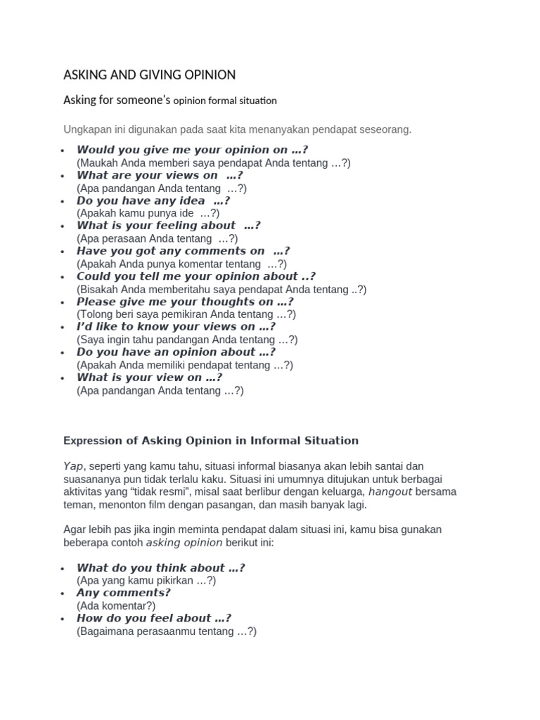 Asking and Giving Opinions Guide | PDF | Language Arts & Discipline ...