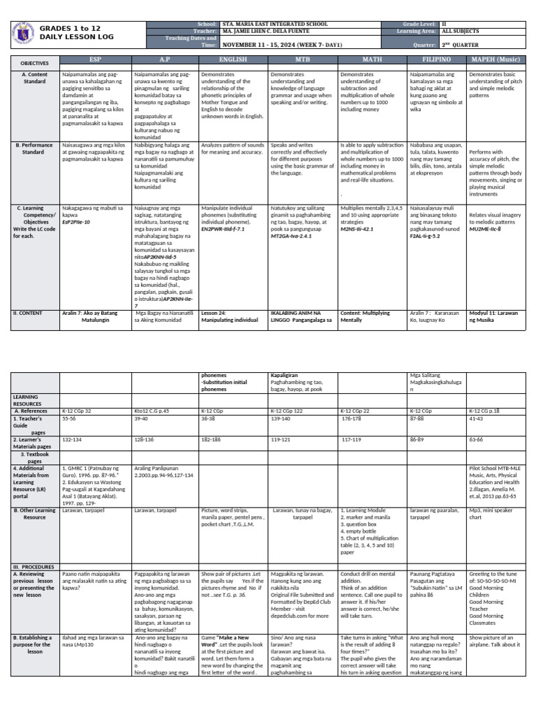 DLL - All Subjects 2 - Q2 - W7 - D1 | PDF