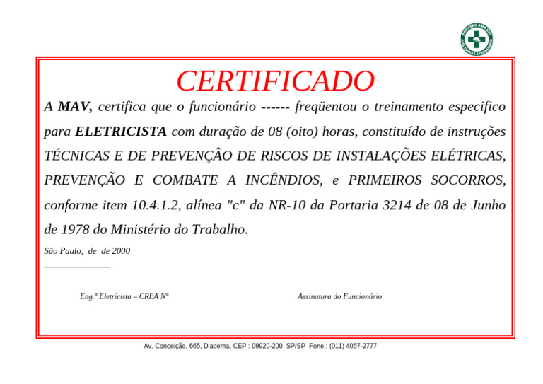 Certificado de Eletricista Padrão | PDF