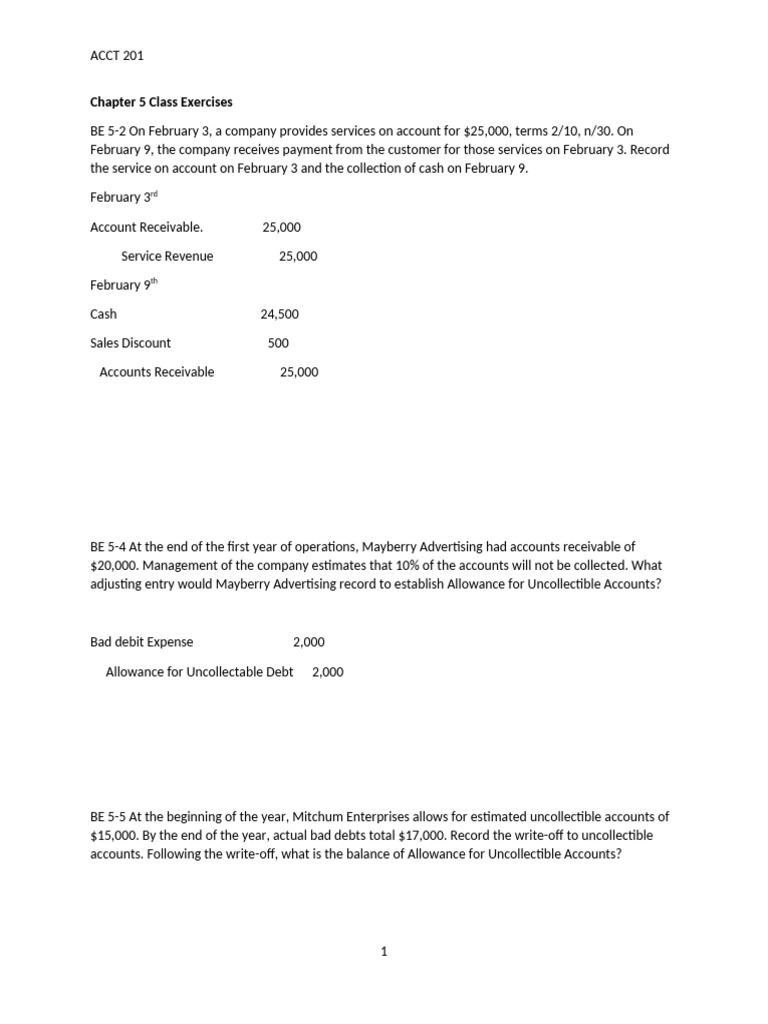 Chapter 5 Class Exercises 201 | PDF | Bad Debt | Debits And Credits