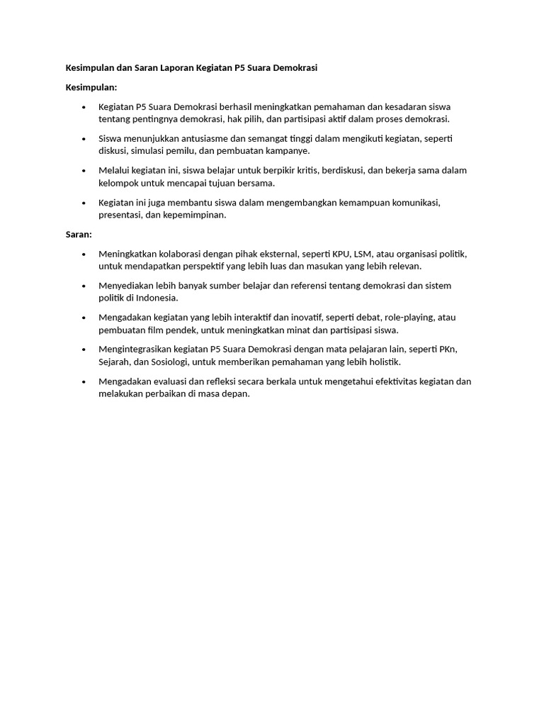 Kesimpulan Dan Saran Laporan Kegiatan P5 Suara Demokrasi | PDF