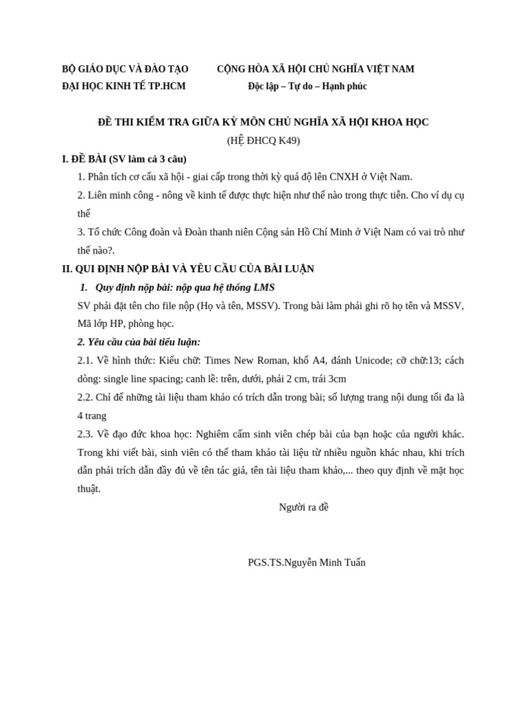 De Thi Kiem Tra Giua Ky Mon CNXHKH - K49 | PDF