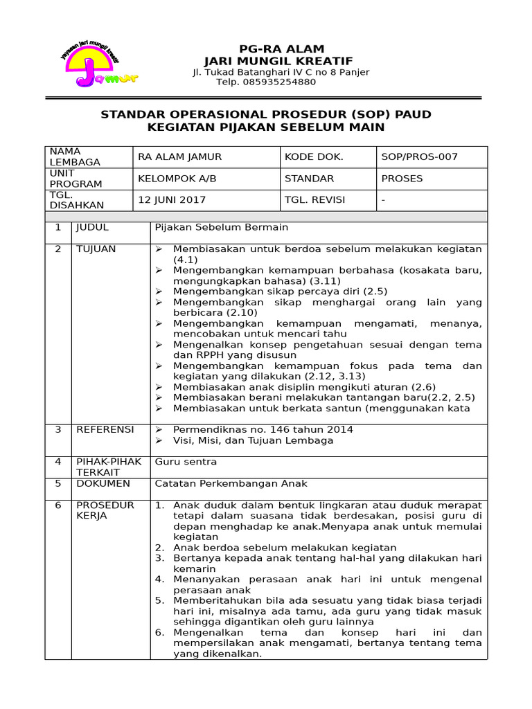 7 Sop Paud Kegiatan Pijakan Sebelum Main | PDF | Karier & Perkembangan