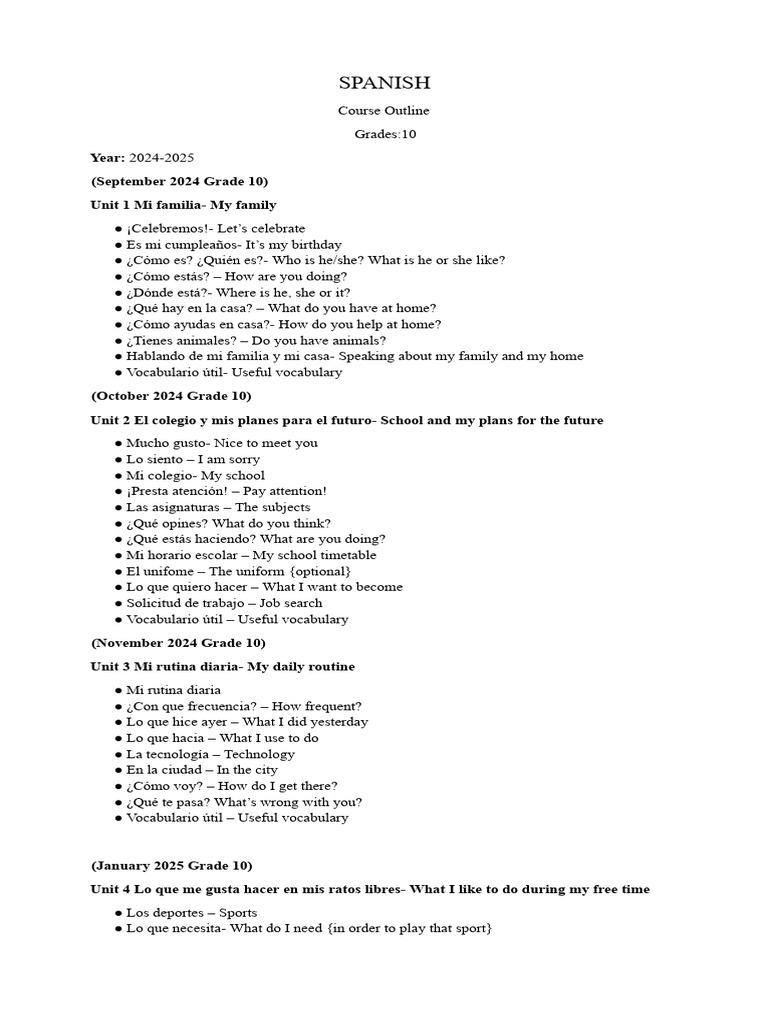 Grade 10-11 Course Outline Spanish | PDF