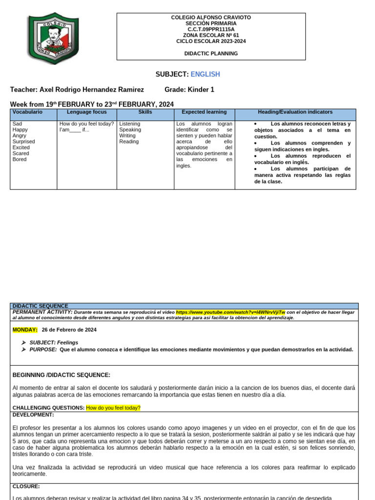 Kinder 1 Planeación Inglés 26 de Febrero Al 01 de Marzo. | PDF