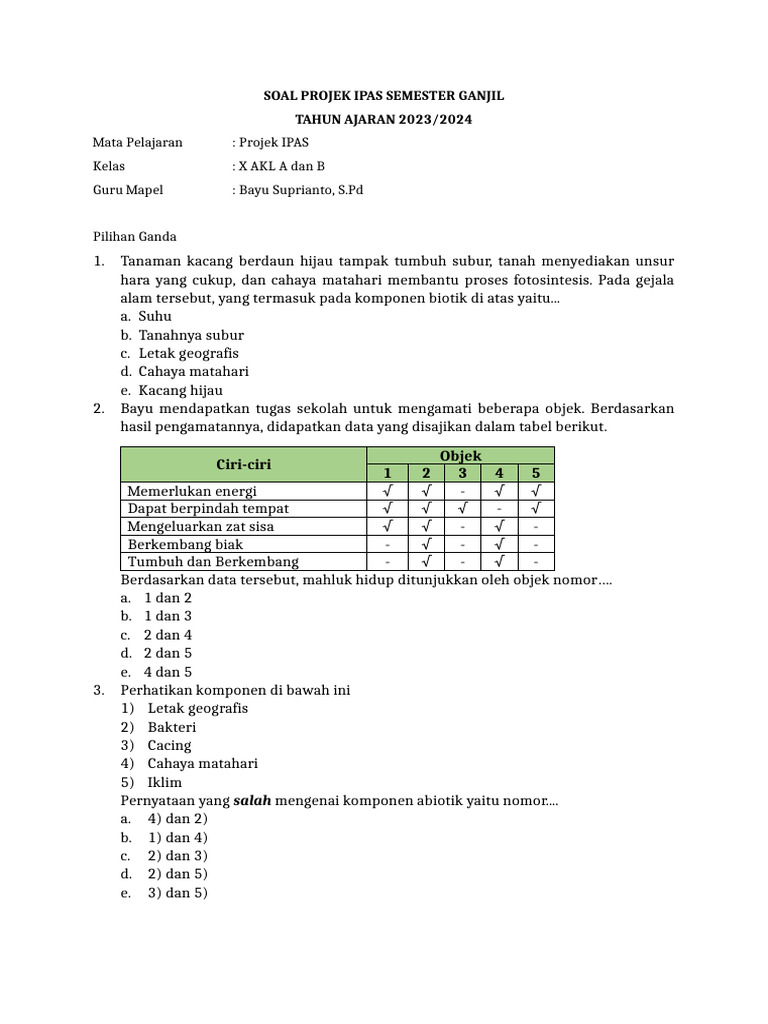 Soal Projek Ipas Semester Ganjil | PDF