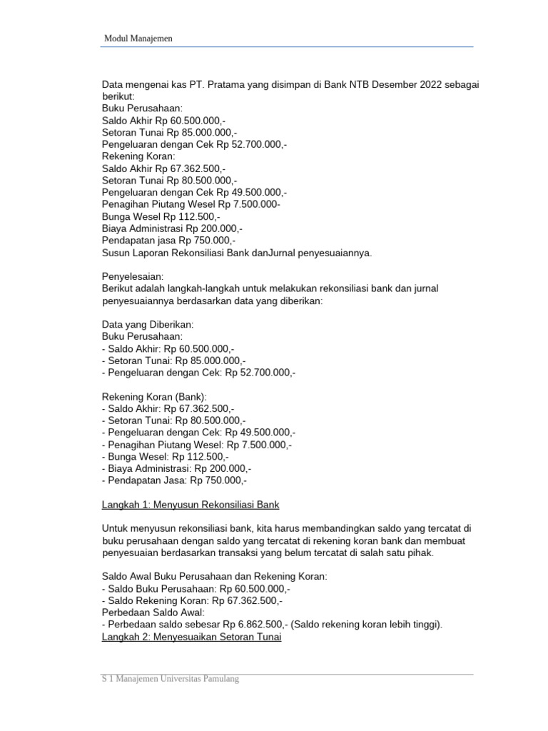 Contoh Soal Di Modul Pertemuan 11 - ALK - Rekon Bank | PDF | Bisnis | Pengelolaan Keuangan & Uang