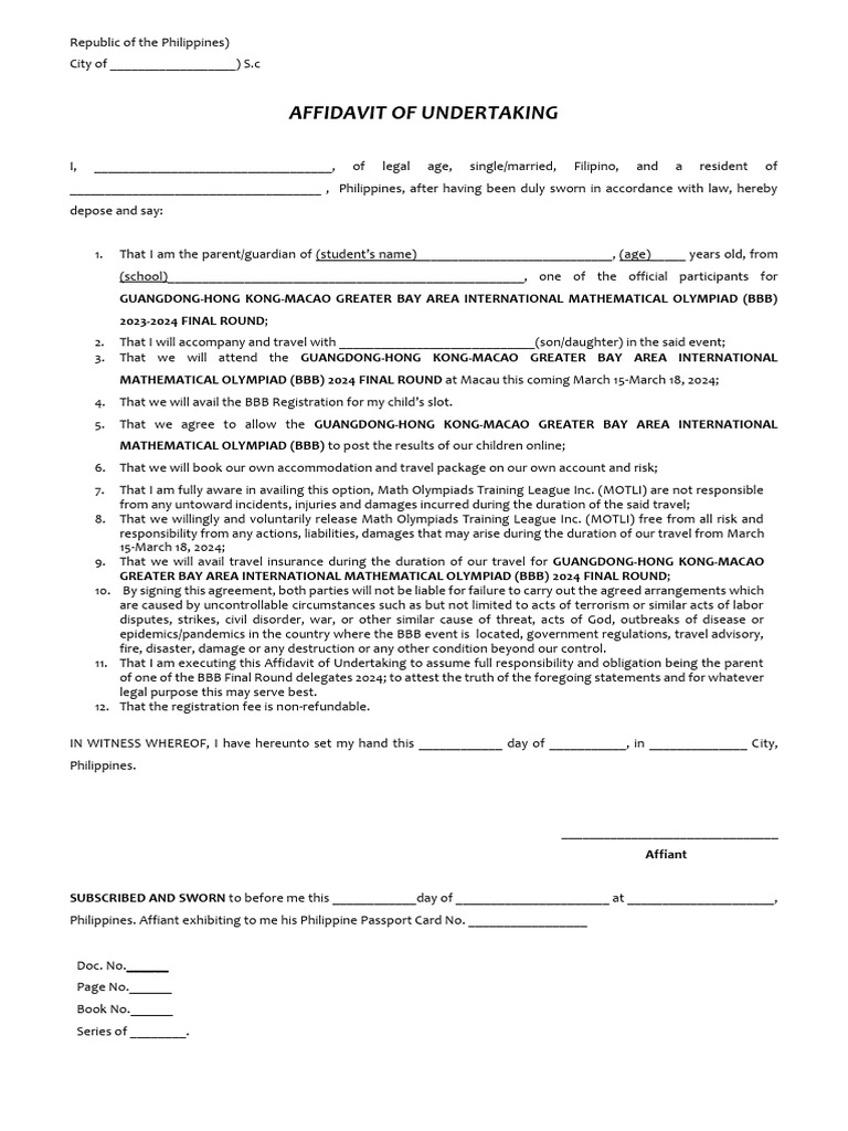 AFFIDAVIT OF UNDERTAKING BBB (Parent As Accompanying) .65953225bbe3e4.21104141 | PDF | Affidavit