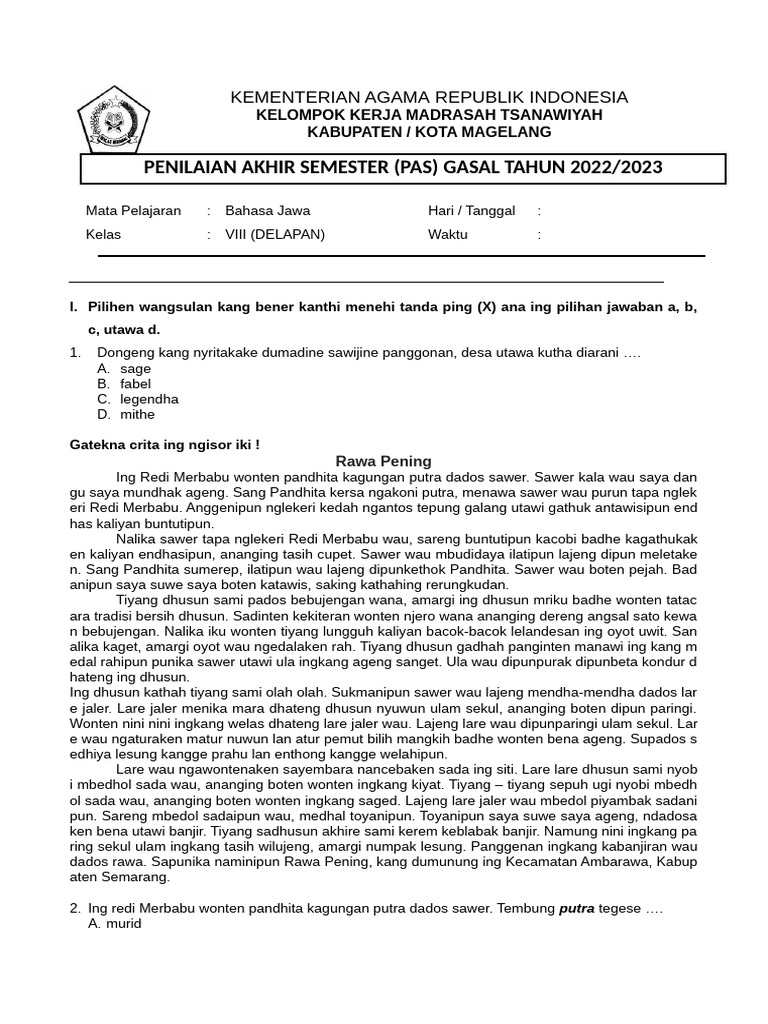 Soal Pas Kelas 8-2022 | PDF