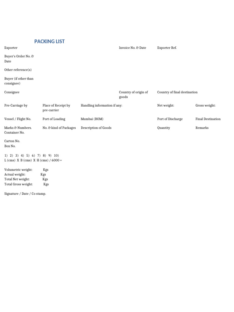 Packing List Template | PDF