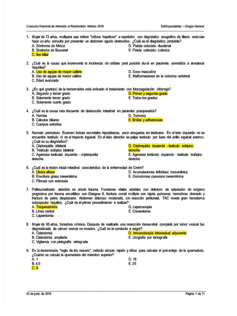 ENARM 2018 CX GENERAL | PDF | Enfermedades y trastornos | Especialidades Medicas