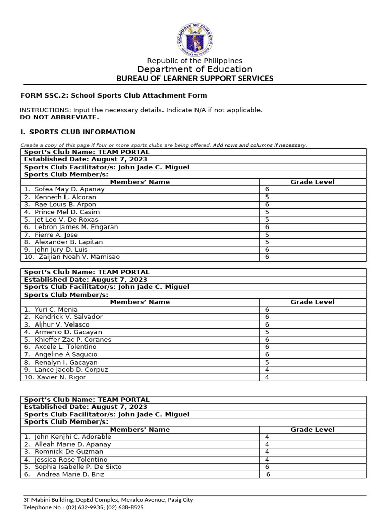 FORM SSC.2 School Sports Club Attachment Form v1 2 | PDF | Sports | Philippines