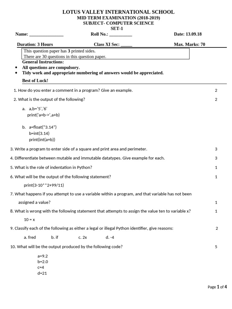 Class XI Computer Science Midterm Exam | PDF | Object Oriented ...