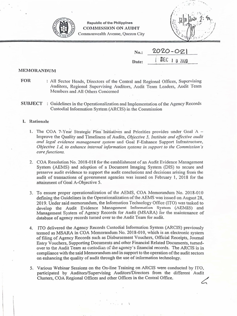 COA - M2020-021 Guidelines On ARCIS | PDF | Audit | Business