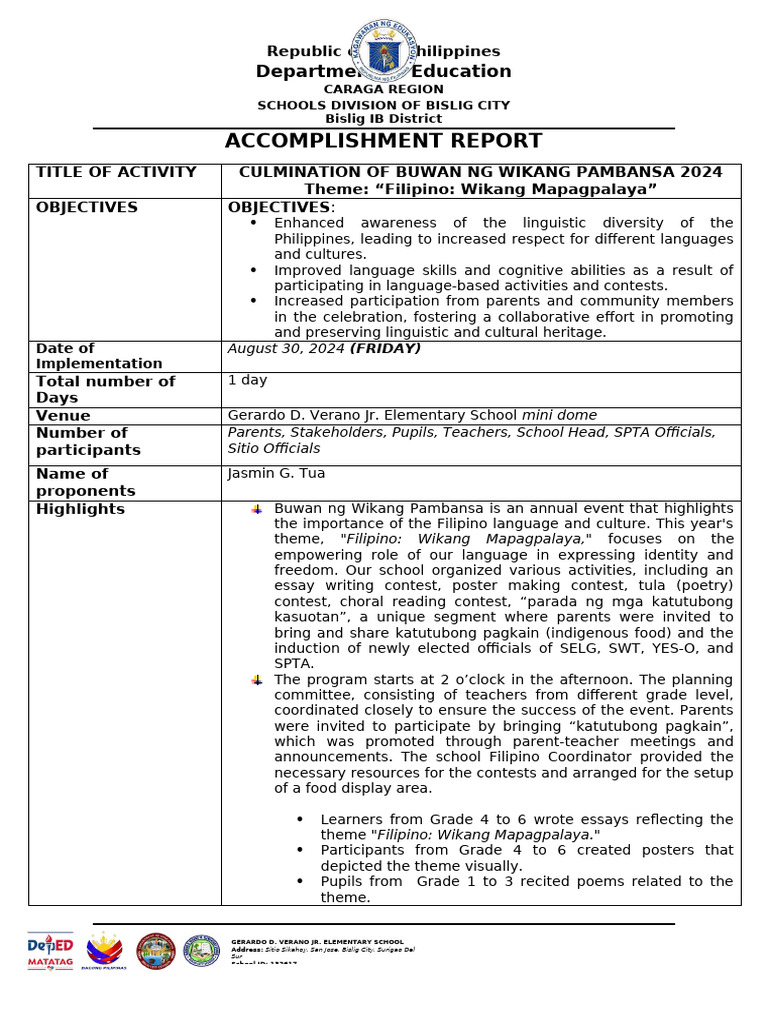 BUWAN NG WIKA Accomplishment Report | PDF | Human Communication