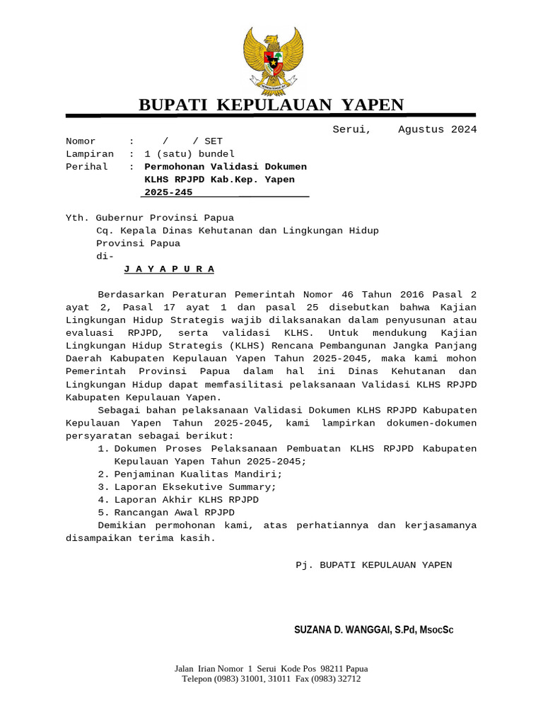 Surat Permohonan Validasi KLHS RPJPD | PDF