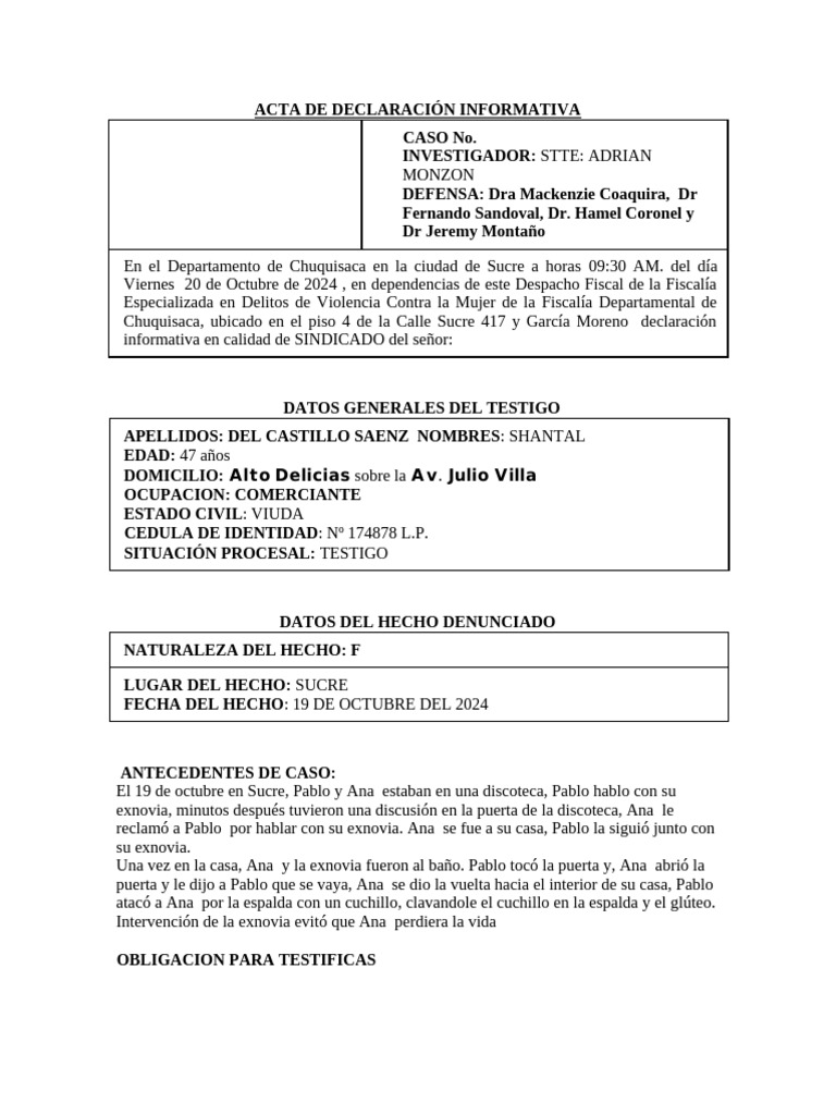 Declaración Testigo Caso Violencia Sucre | PDF | Testigo | Justicia