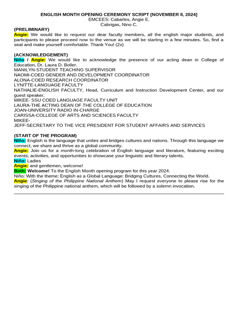 English Month Opening Ceremony Script | PDF
