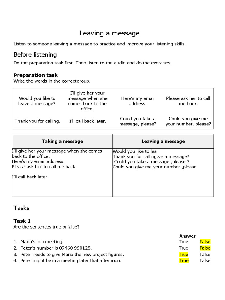 Leaving A Message-Listening-Practice | PDF