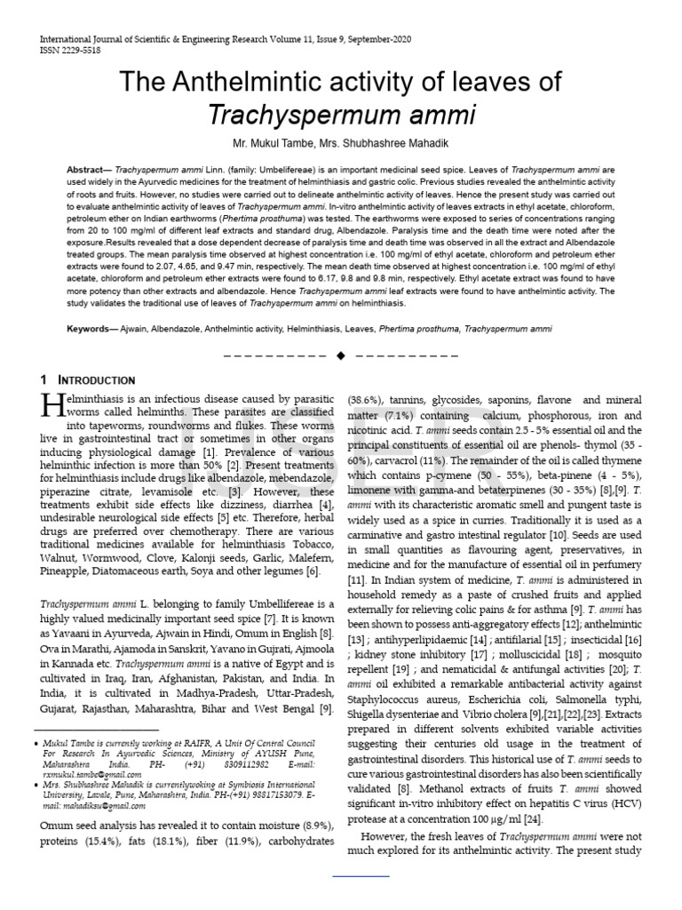 The Anthelmintic Activity of Leaves of Trachyspermum Ammi | PDF