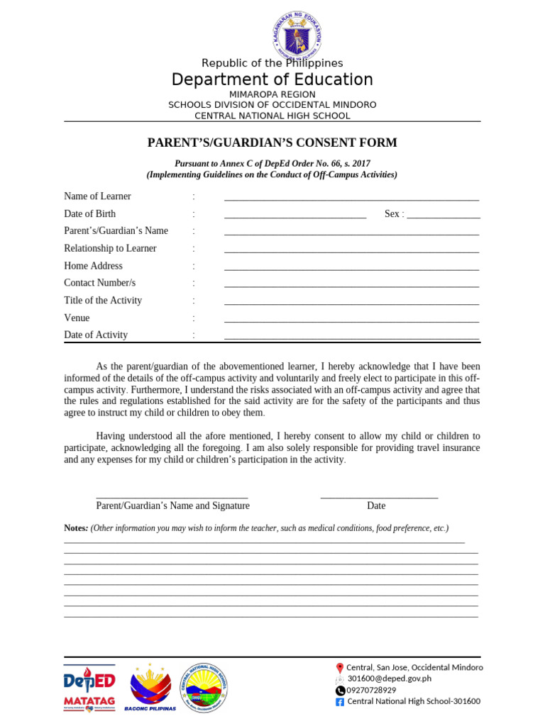 PARENTAL CONSENT FORM - Template Pursuant To Annex C of DepEd Order No ...