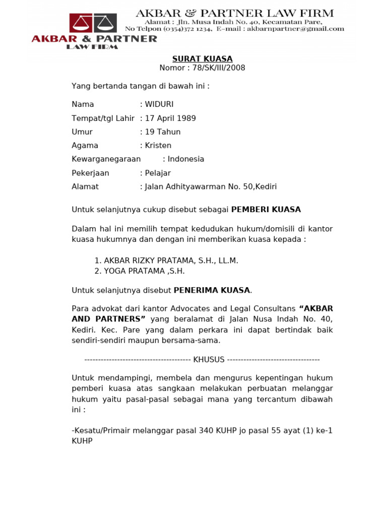 SURAT KUASA Dari Widuri | PDF
