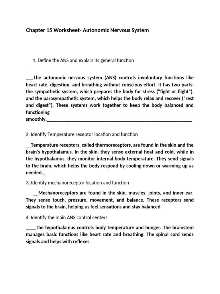 Chapter 15 Worksheet (1) - 1 | PDF | Autonomic Nervous System ...