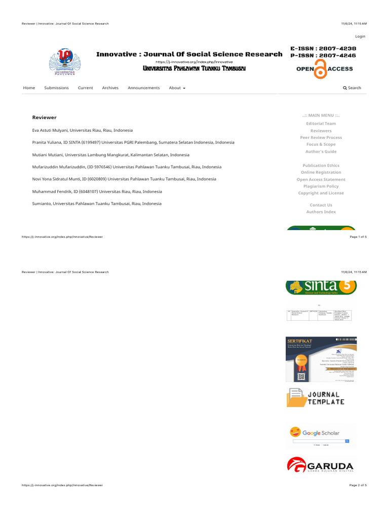 Reviewer - Innovative: Journal of Social Science Research | PDF ...