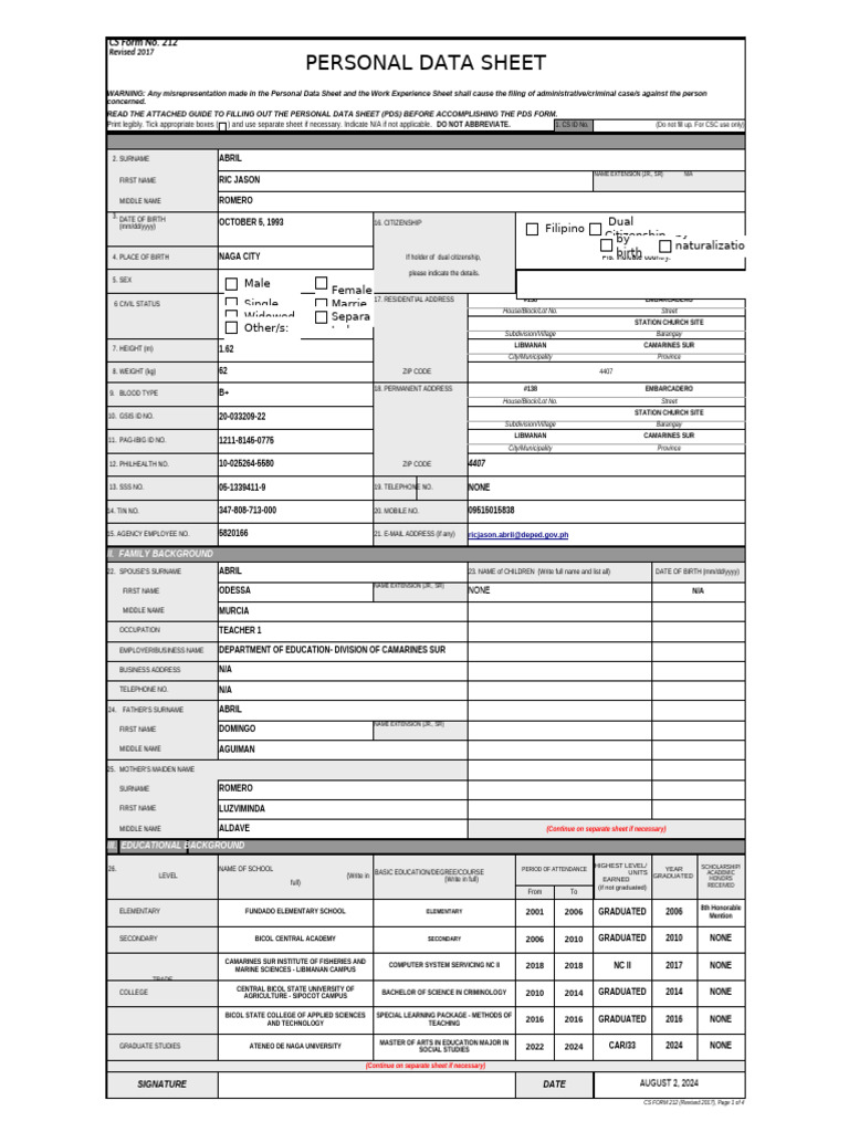 Abril, RIC Cs Form No. 212 Personal Data Sheet Revised | PDF | Government