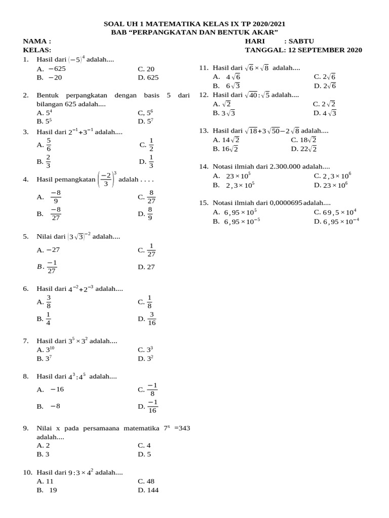 Uh 1 MTK Kelas Ix - Perpangkatan Dan Bentuk Akar 2021 | PDF