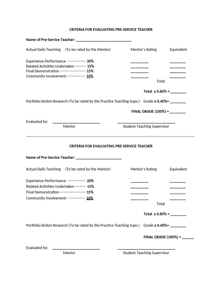 Criteria For Evaluating Pre Service Teacher New | PDF | Finance & Money ...