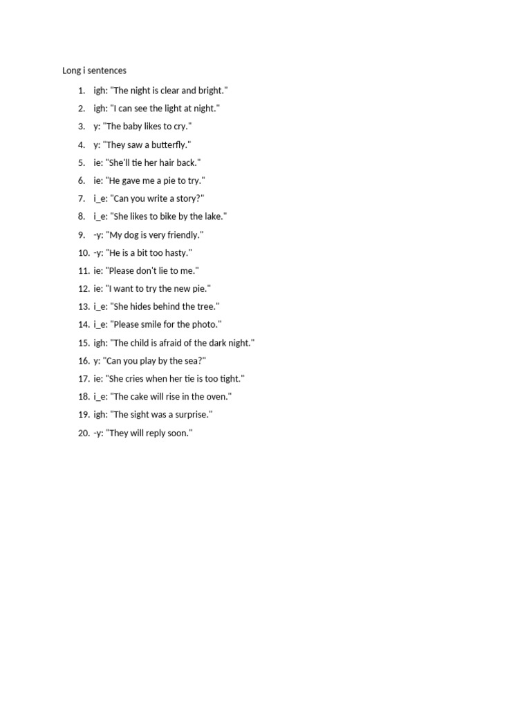 Long I Sentences | PDF | Language Arts & Discipline | General Fiction