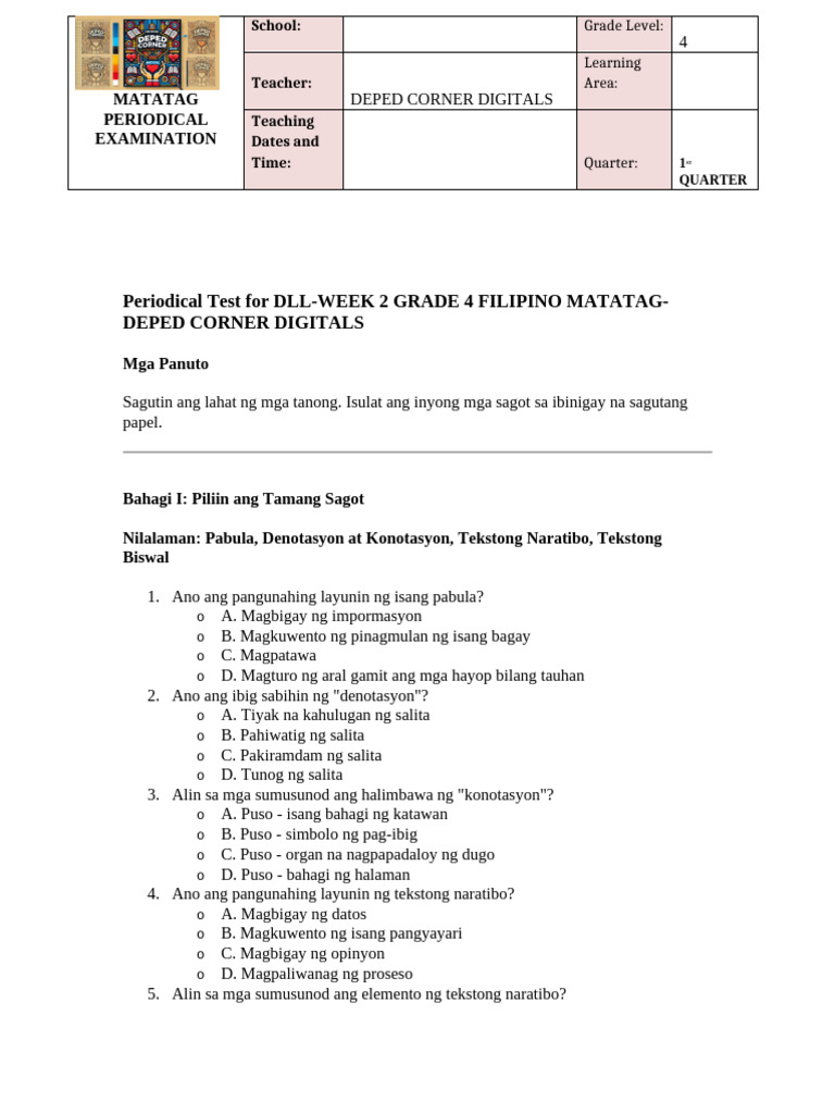 Pt-Week 2-Filipino - Deped Corner Digitals | PDF