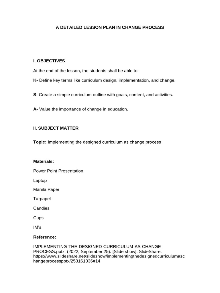 Curriculum Change Process Lesson Plan | PDF | Curriculum | Lord's Prayer