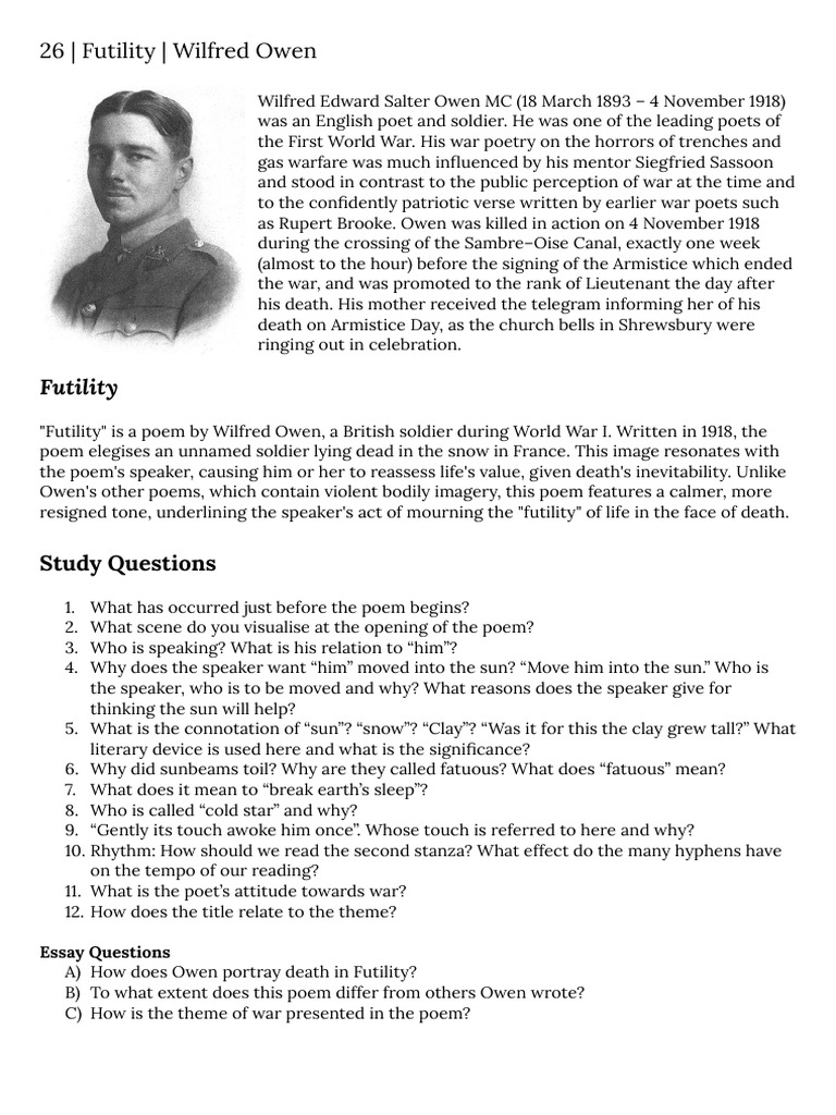 Futility by Wilfred Owen | PDF | Poetry