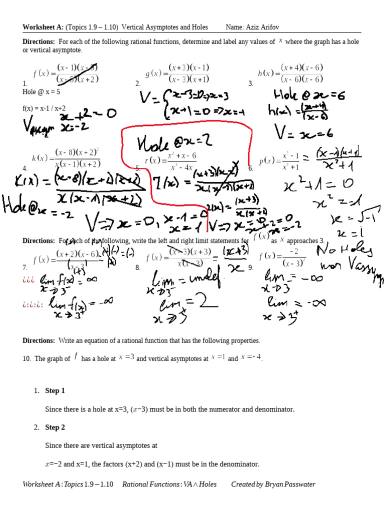 Vertical Asymptotes and Holes Worksheet | PDF