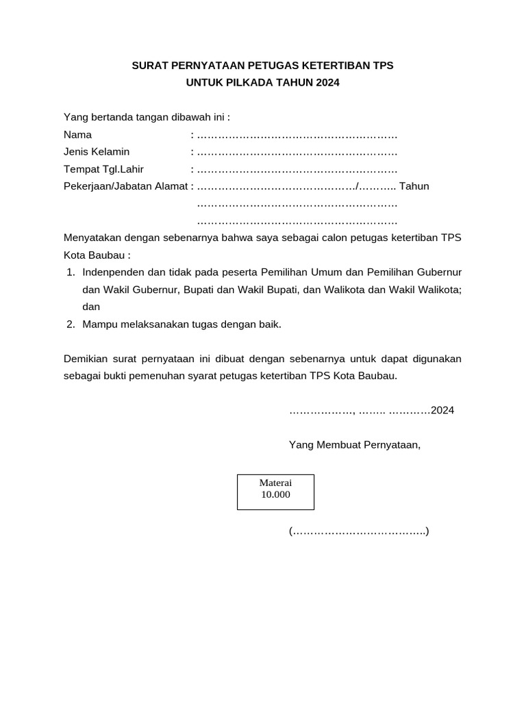Surat Pernyataan Petugas Ketertiban TPS | PDF | Hukum