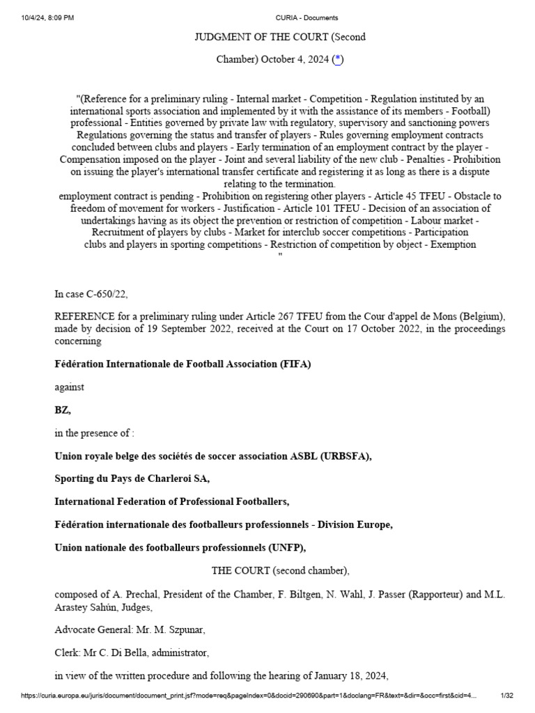 Football Transfer Dispute Ruling | PDF | Case Law | European Court Of ...