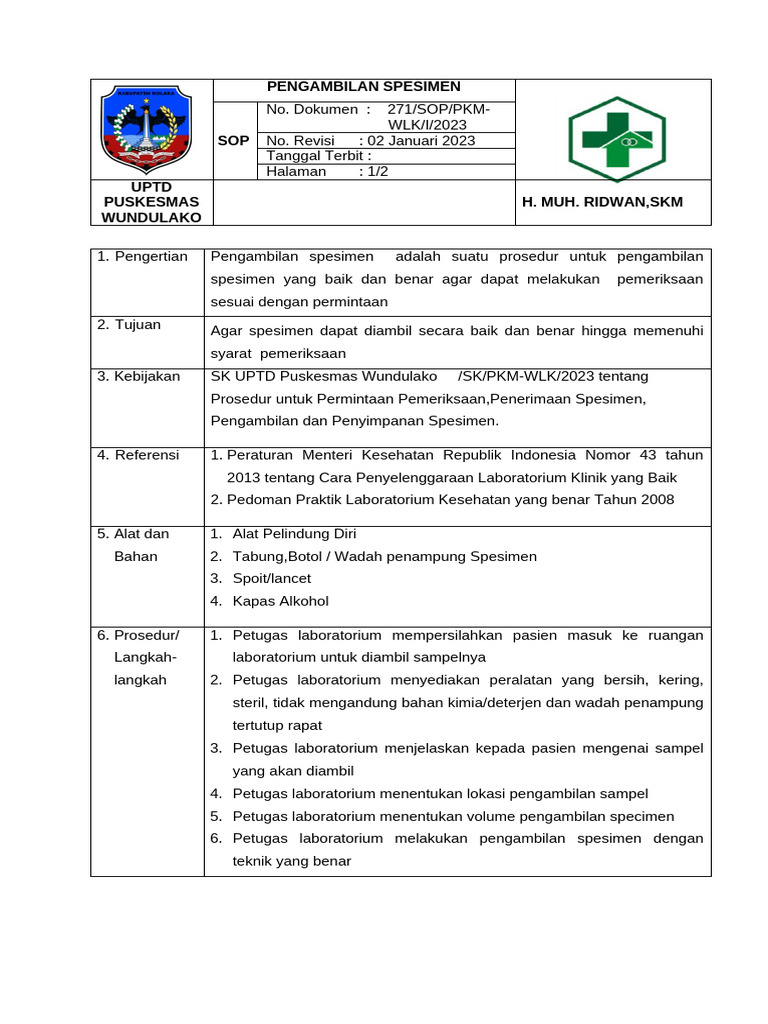 Sop Pengambilan Spesimen | PDF