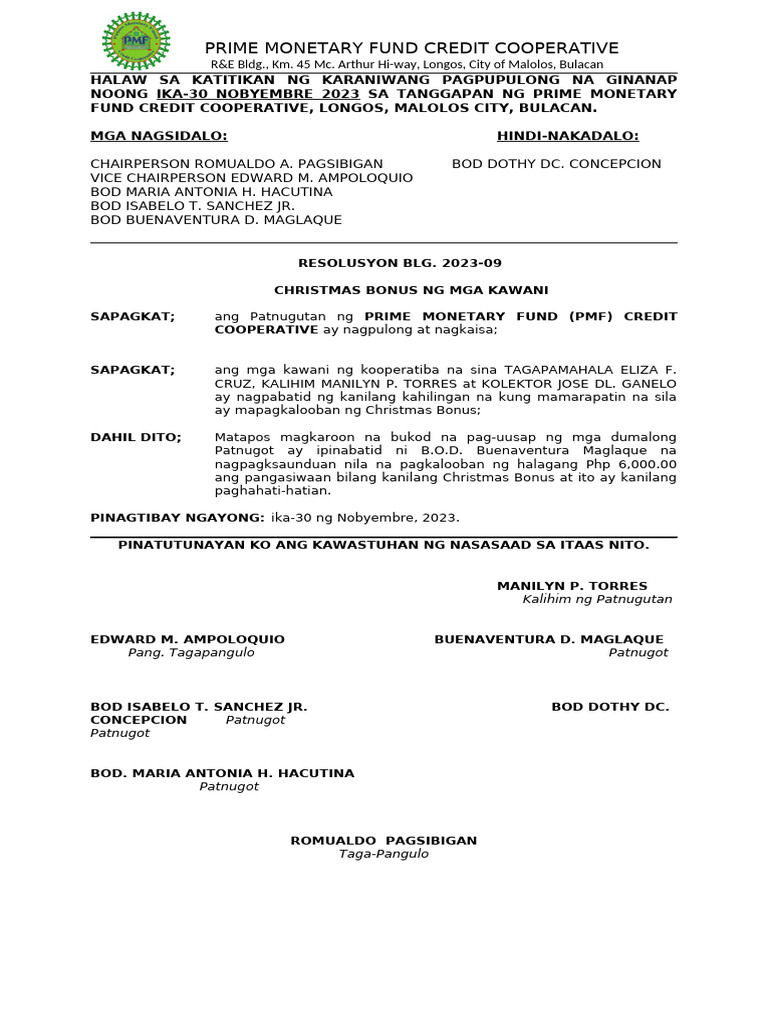 Resolusyon Blg. 2023-09 - Christmas Bonus | PDF