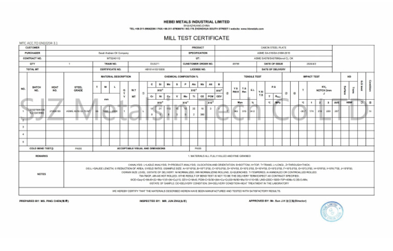 Mill Certificate SA 516 Gr. 70 | PDF
