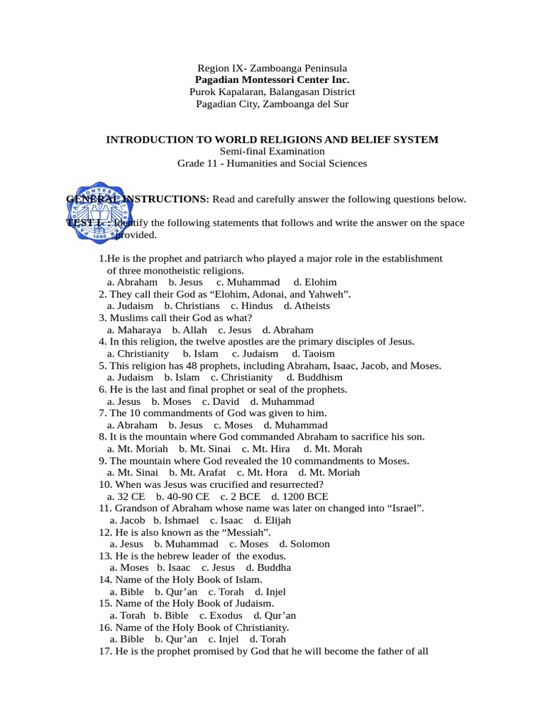 World Religions Exam for Grade 11 | PDF | Moses | Abraham