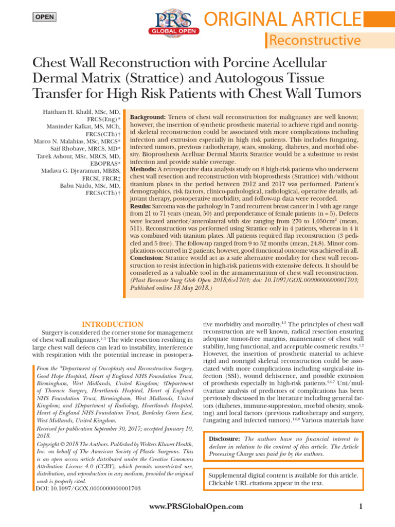 Chest Wall Reconstruction With Porcine Acellular | PDF | Surgery ...