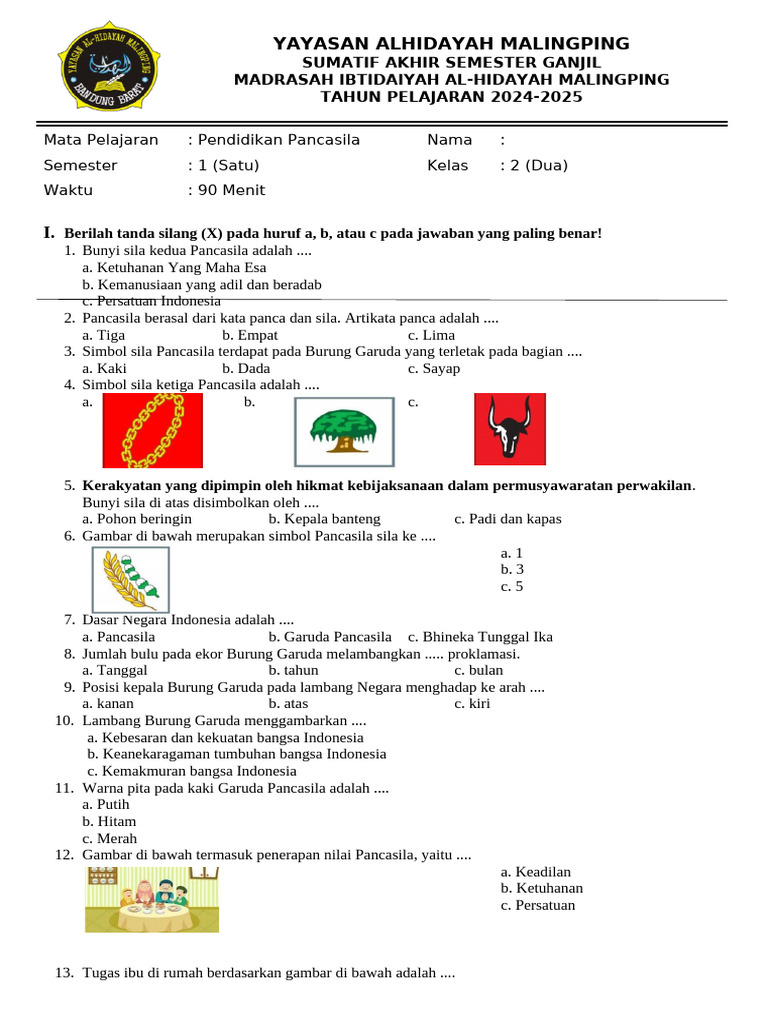 Soal Sas Semester Ganjil KLS 2 Pendidikan Pancasila | PDF