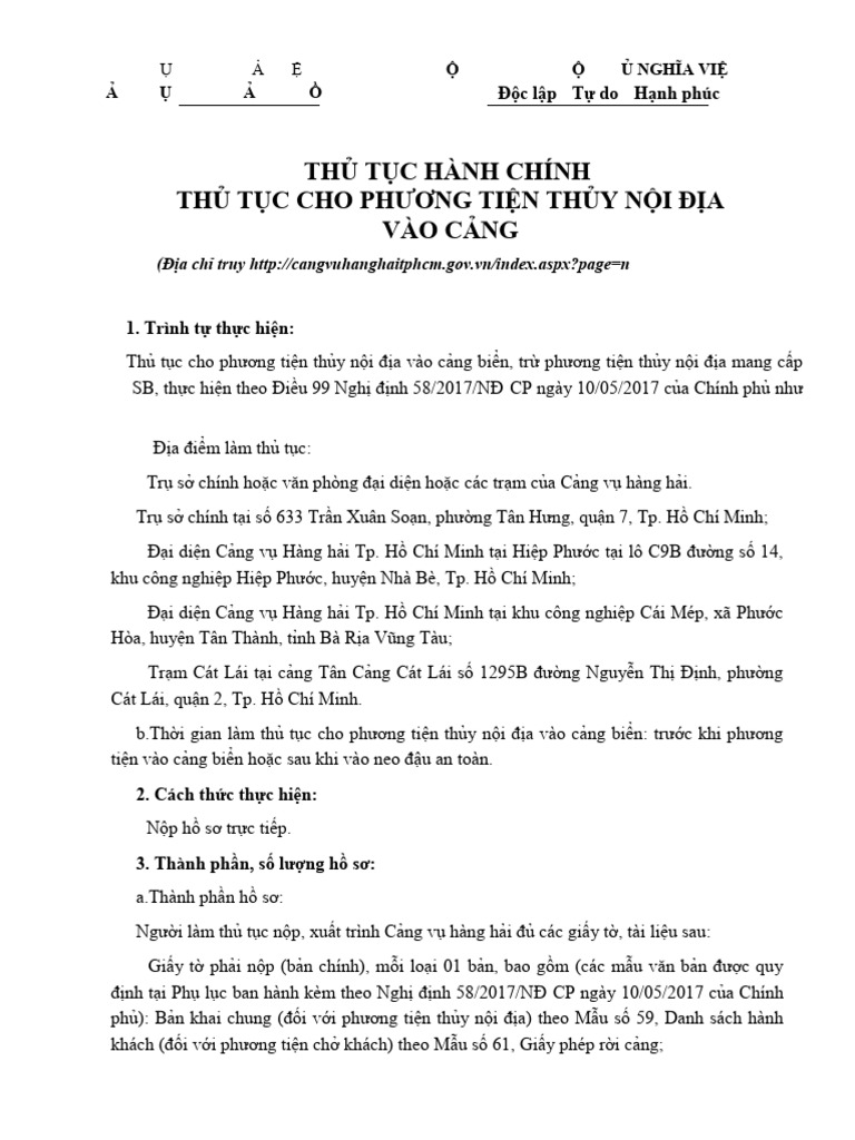 Tthc-thủ Tục Cho Phương Tiện Thủy Nội Địa Vào Cảng | PDF