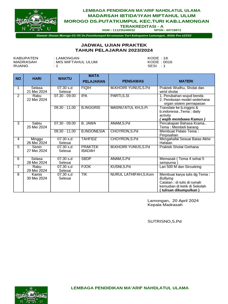 Jadwal Ujian Praktek | PDF