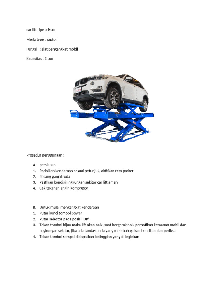 Prosedur Penggunaan Car Lift Tipe Scissor | PDF