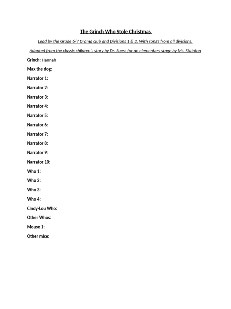 Grinch Play by Grade 6/7 Drama Club | PDF | Dr. Seuss